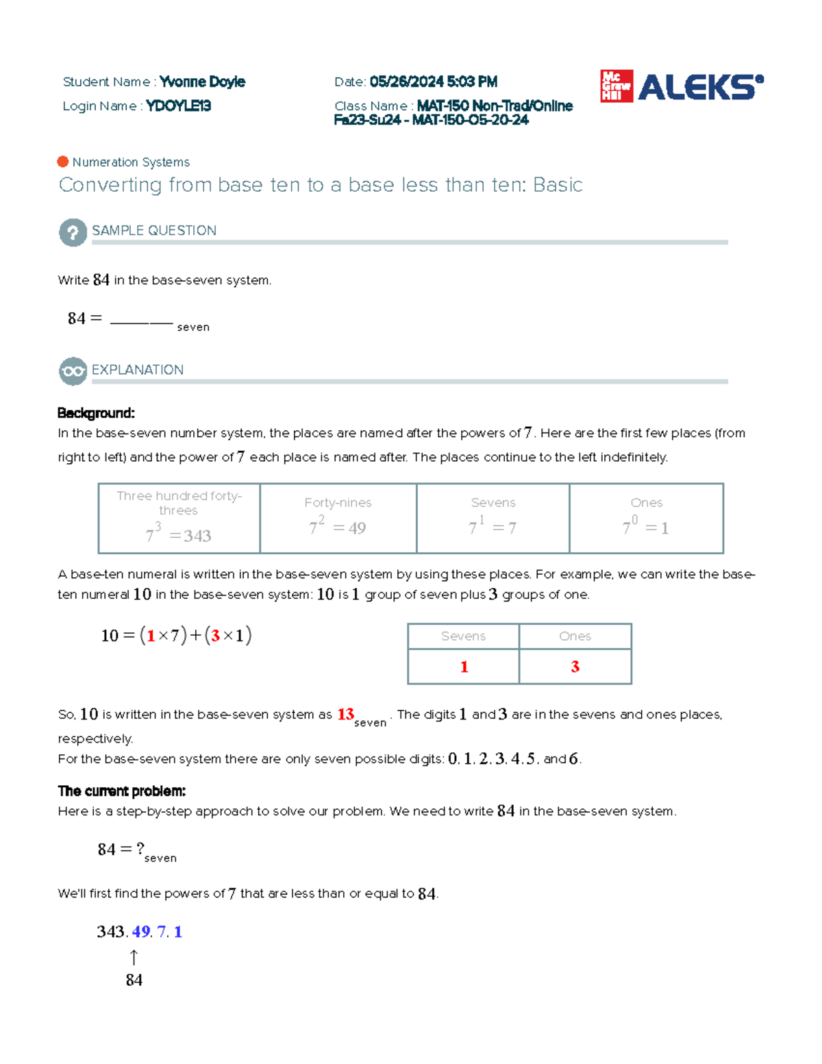 Converting from a base ten to a base less than ten Basic - Student Name ...