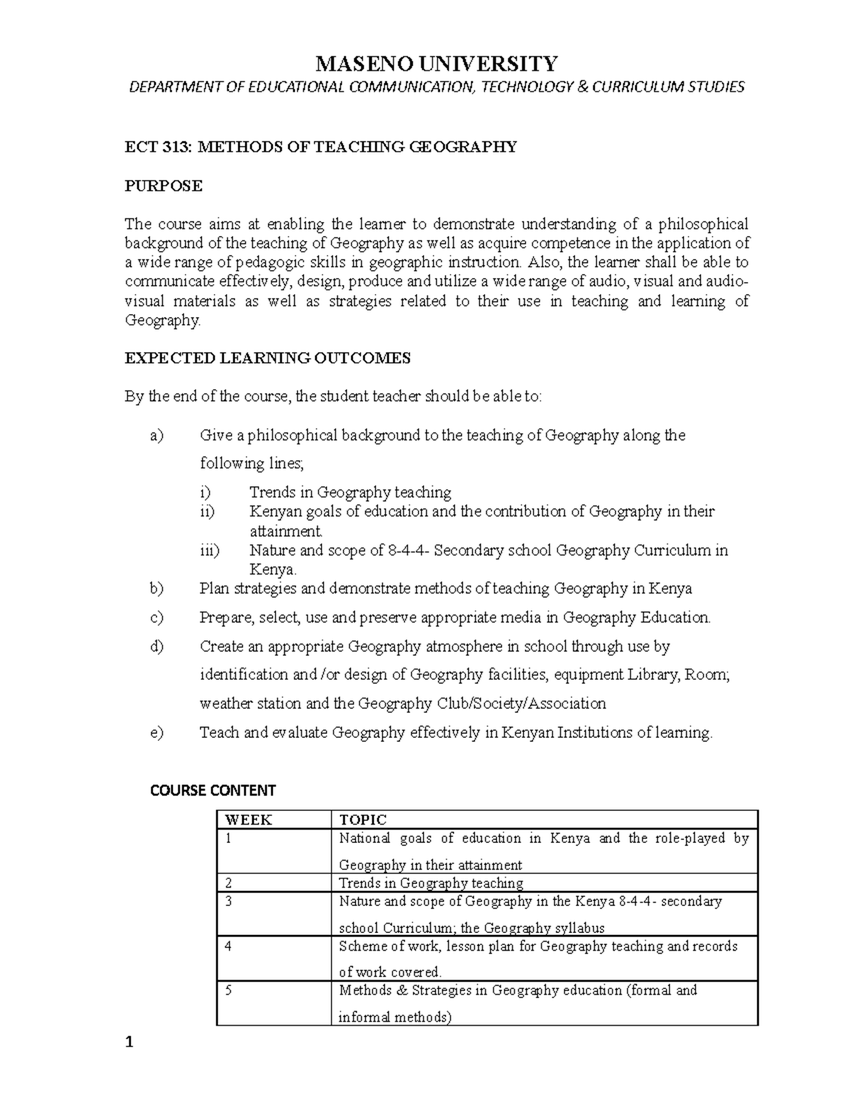 ECT 313 Course Outline - MASENO UNIVERSITY DEPARTMENT OF EDUCATIONAL ...