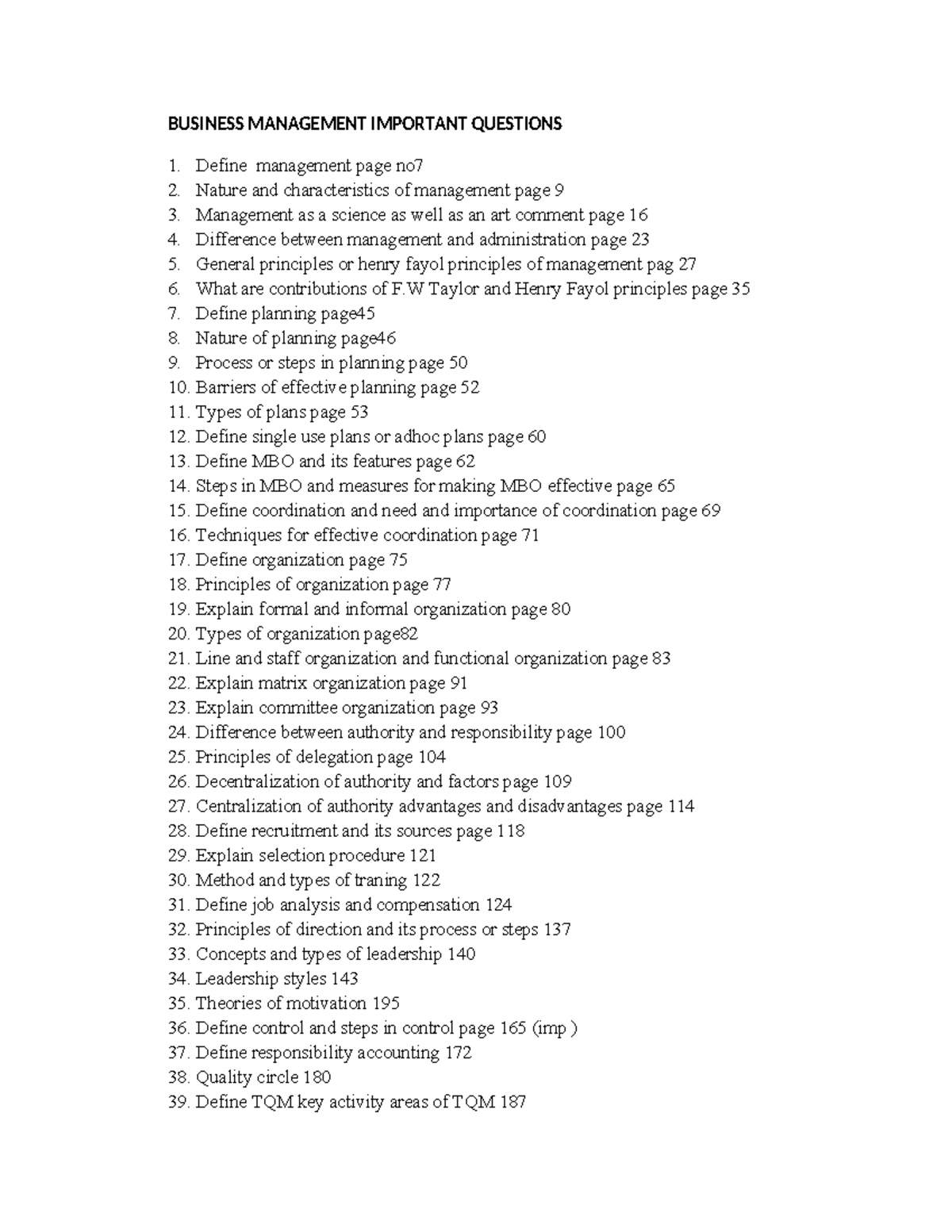 BM IMP Question - BUSINESS MANAGEMENT IMPORTANT QUESTIONS Define ...