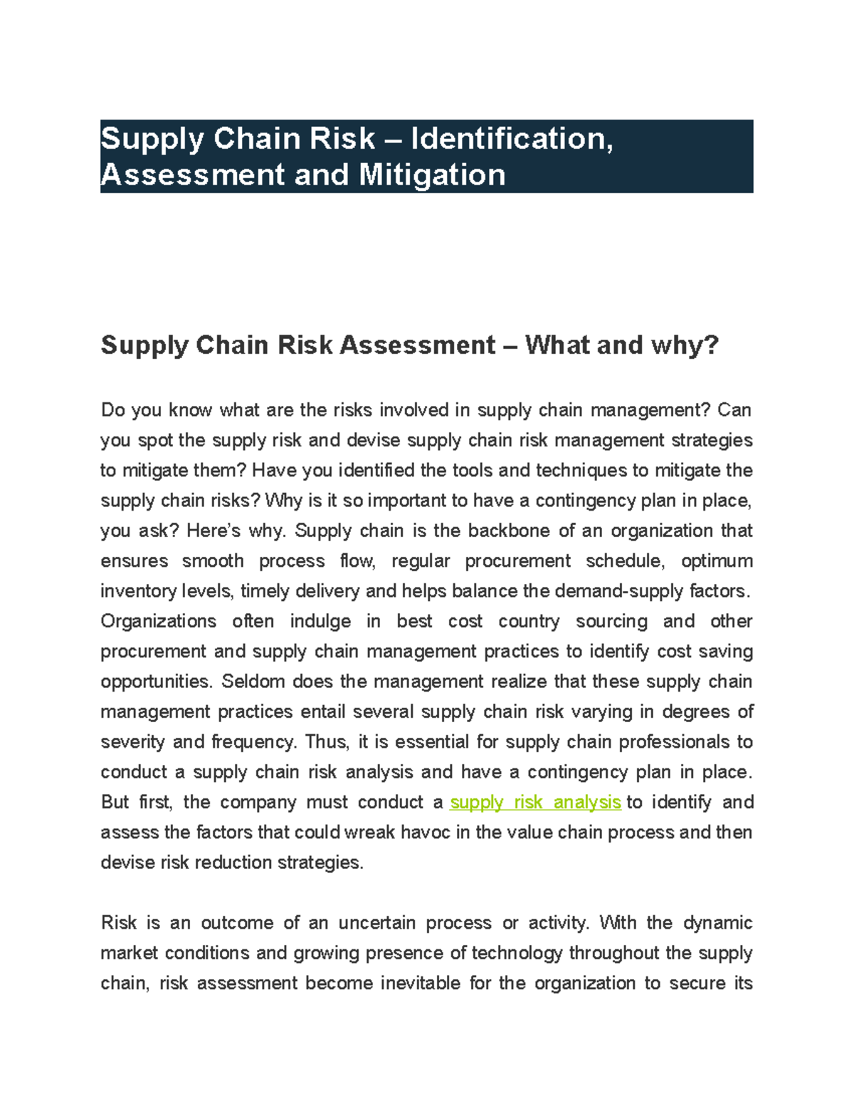Supply Chain Risk Notes - Supply Chain Risk – Identification ...