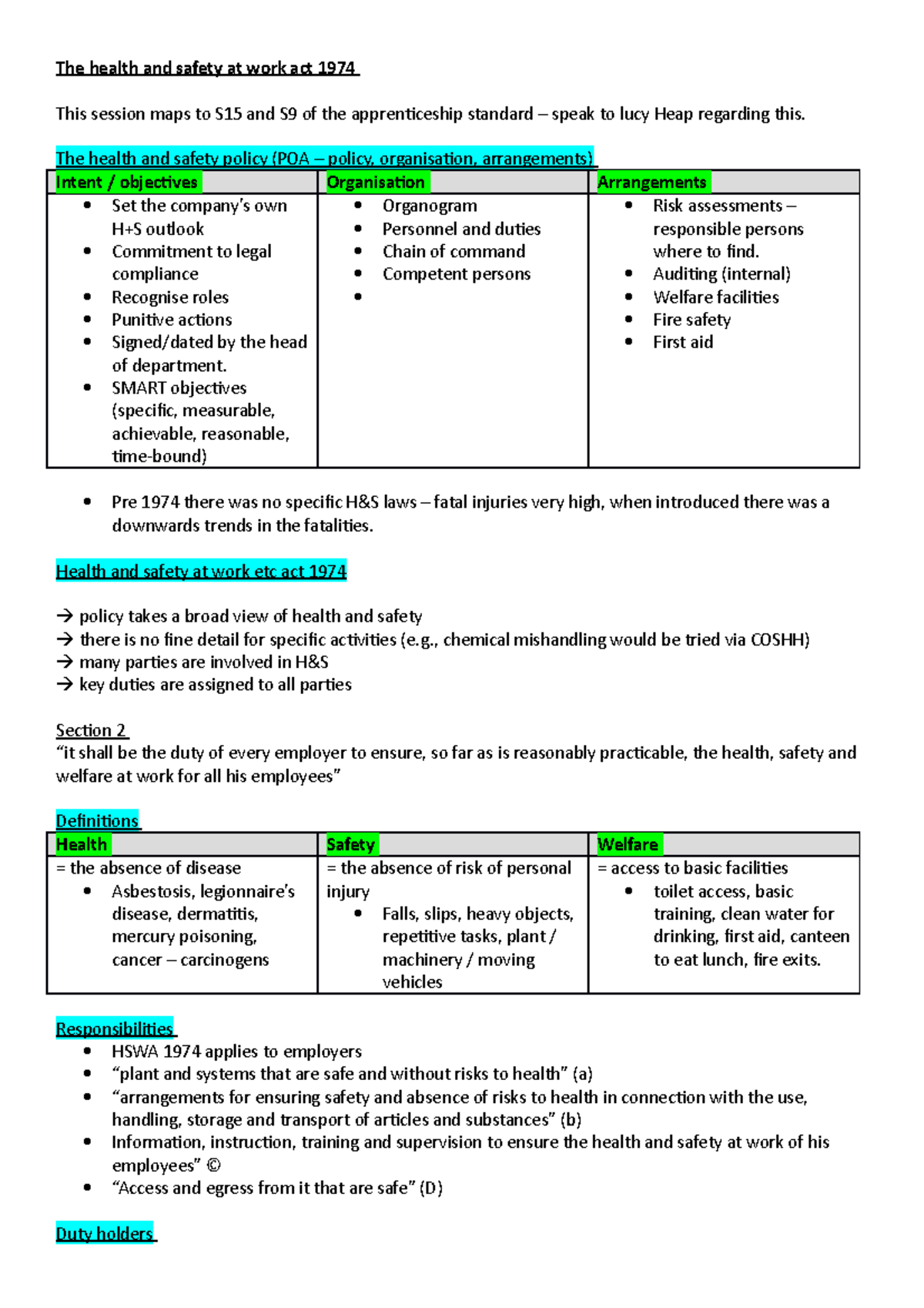 IWR Lecture 2 notes - Health and safety - The health and safety at work ...