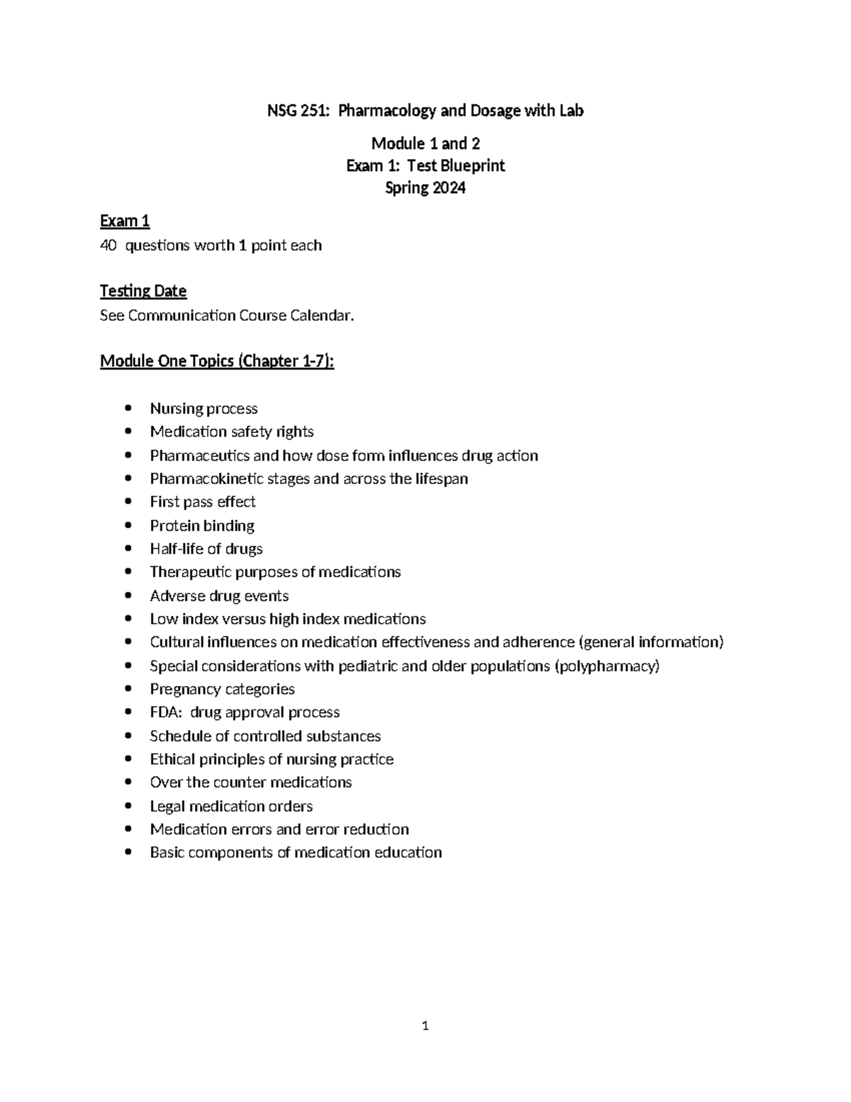 251exam1 - Study guide - NSG 251: Pharmacology and Dosage with Lab ...