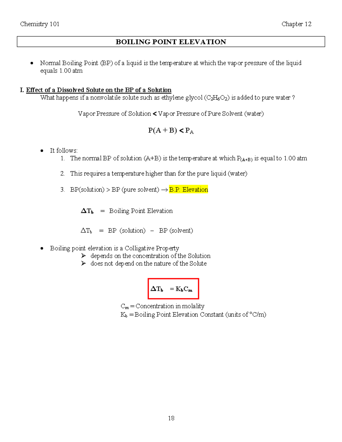 Chap 12Bsolutions - BOILING POINT ELEVATION ∑ Normal Boiling Point (BP ...