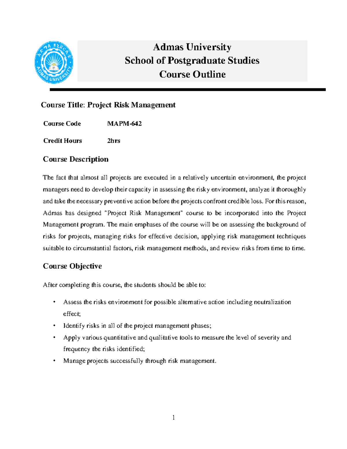 Project Risk Management - Admas University School of Postgraduate ...