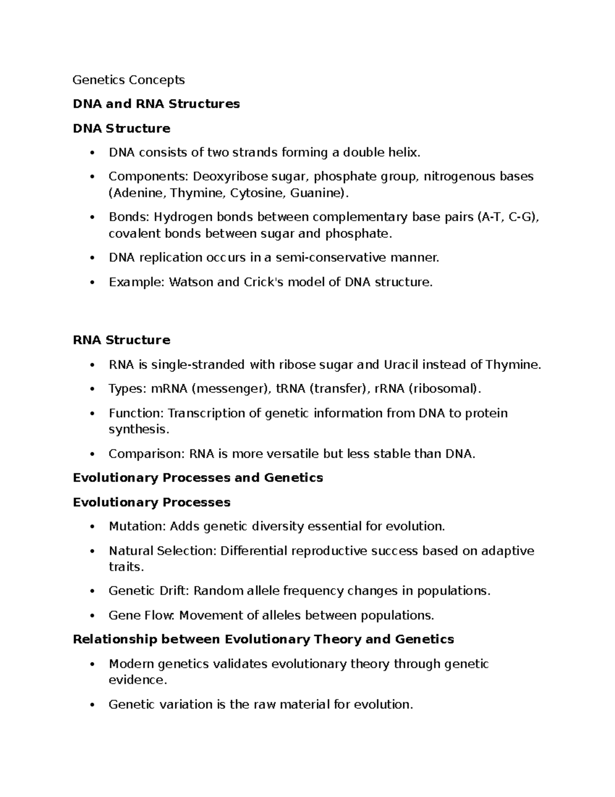 Chapter 5 summary - Genetics Concepts DNA and RNA Structures DNA ...
