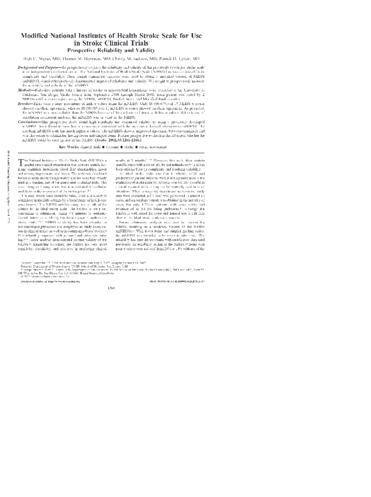 Modified National Institutes of Health Stroke Scale for Use in Stroke ...