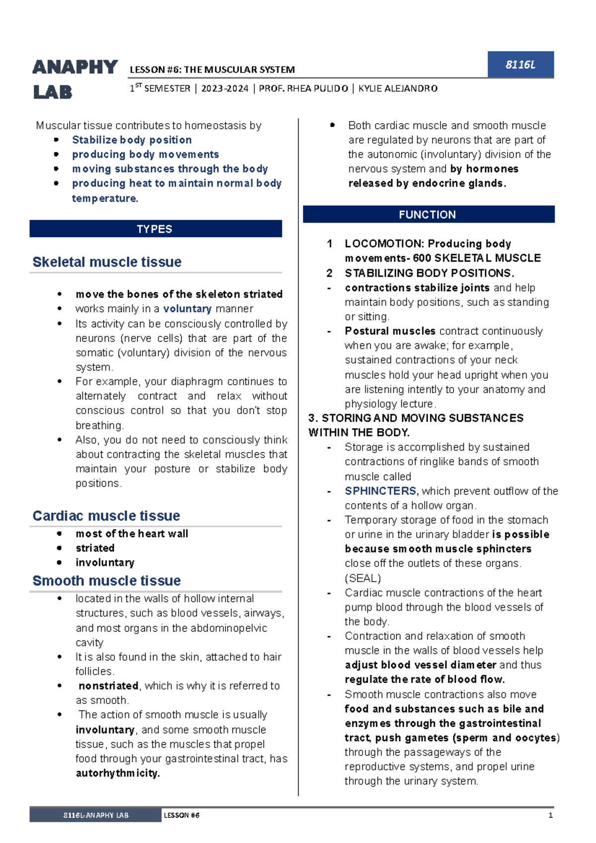 MUSCULAR SYSTEM- Notes - LAB 1 ST SEMESTER | 2023-2024 | PROF. RHEA ...
