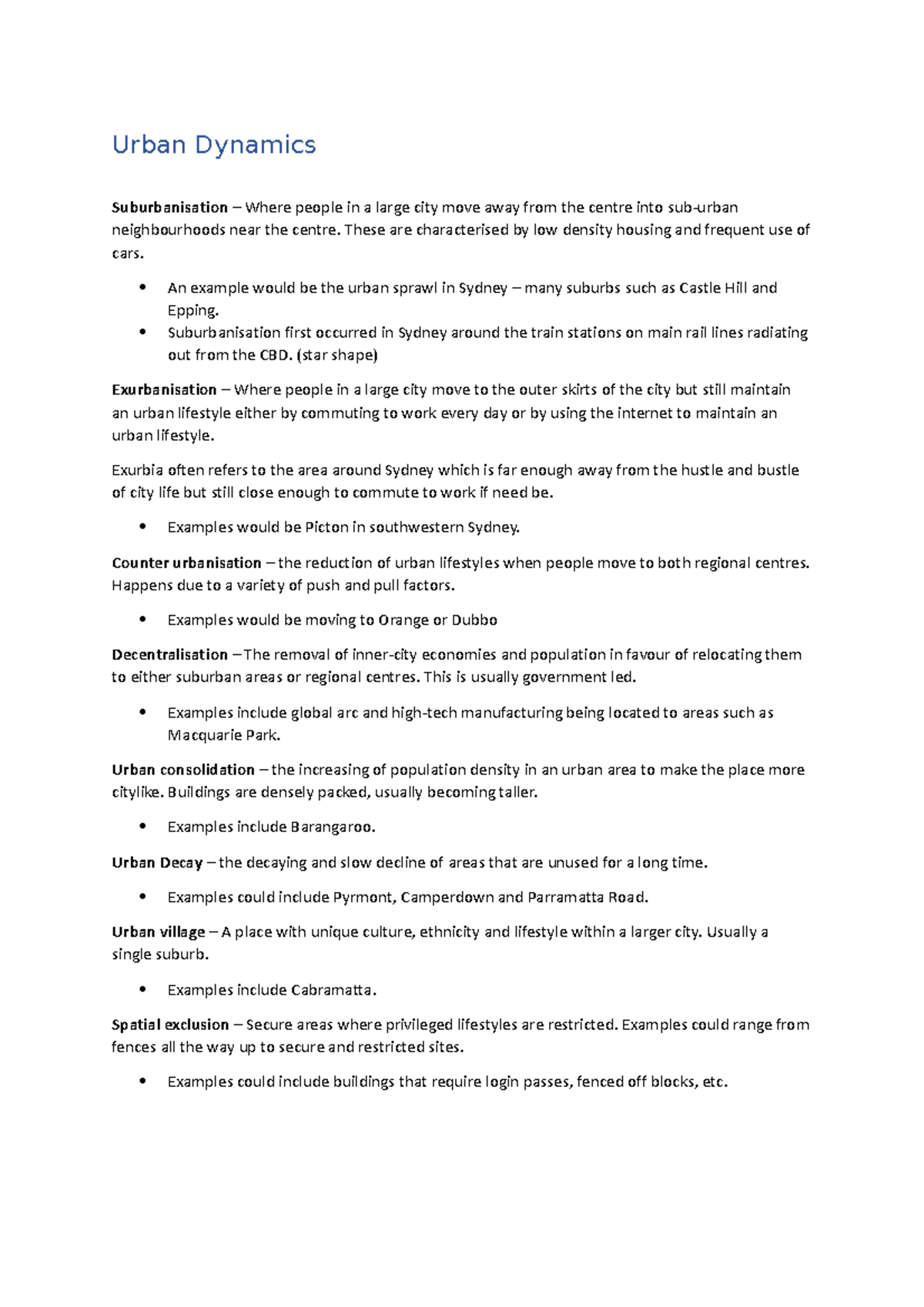 Yr 12 notes - Urban Dynamics Suburbanisation – Where people in a large ...
