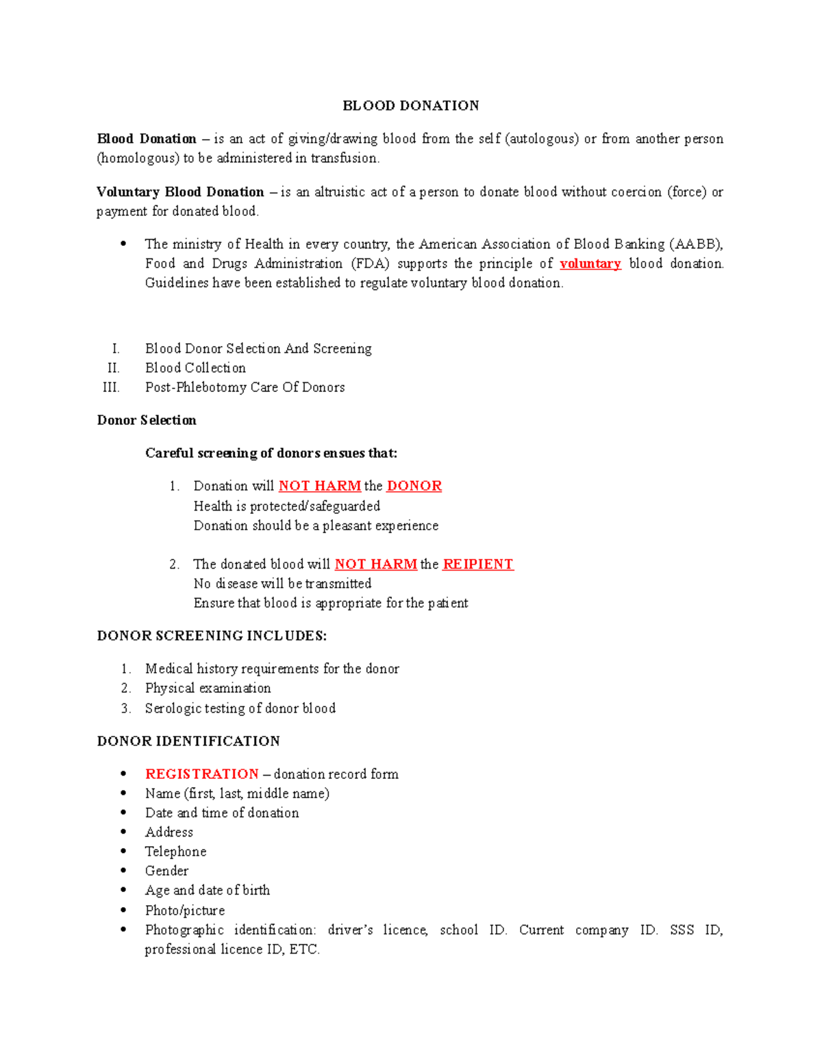 Blood Donation Notes - BLOOD DONATION Blood Donation is an act of blood ...