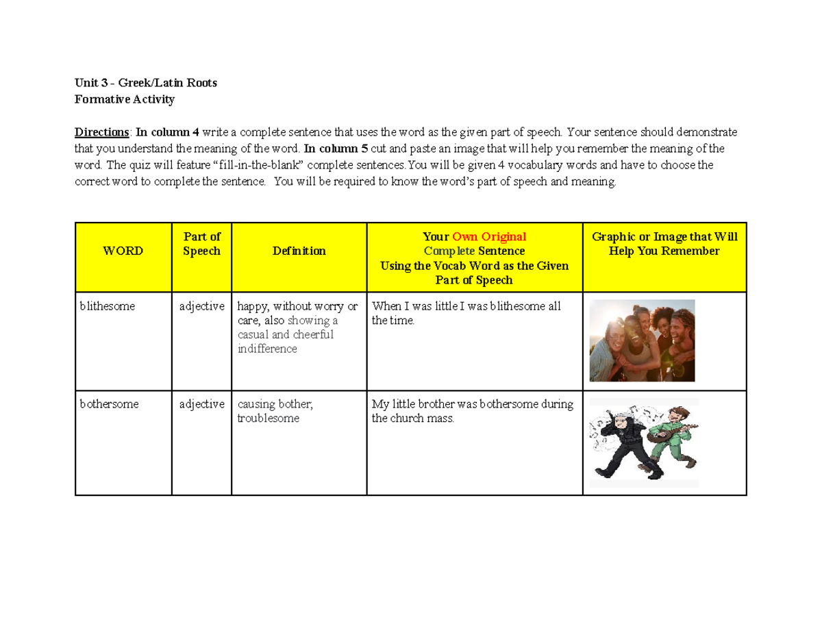 Unit 3 - Greek and Latin Vocabulary Activity - Unit 3 - Greek/Latin ...