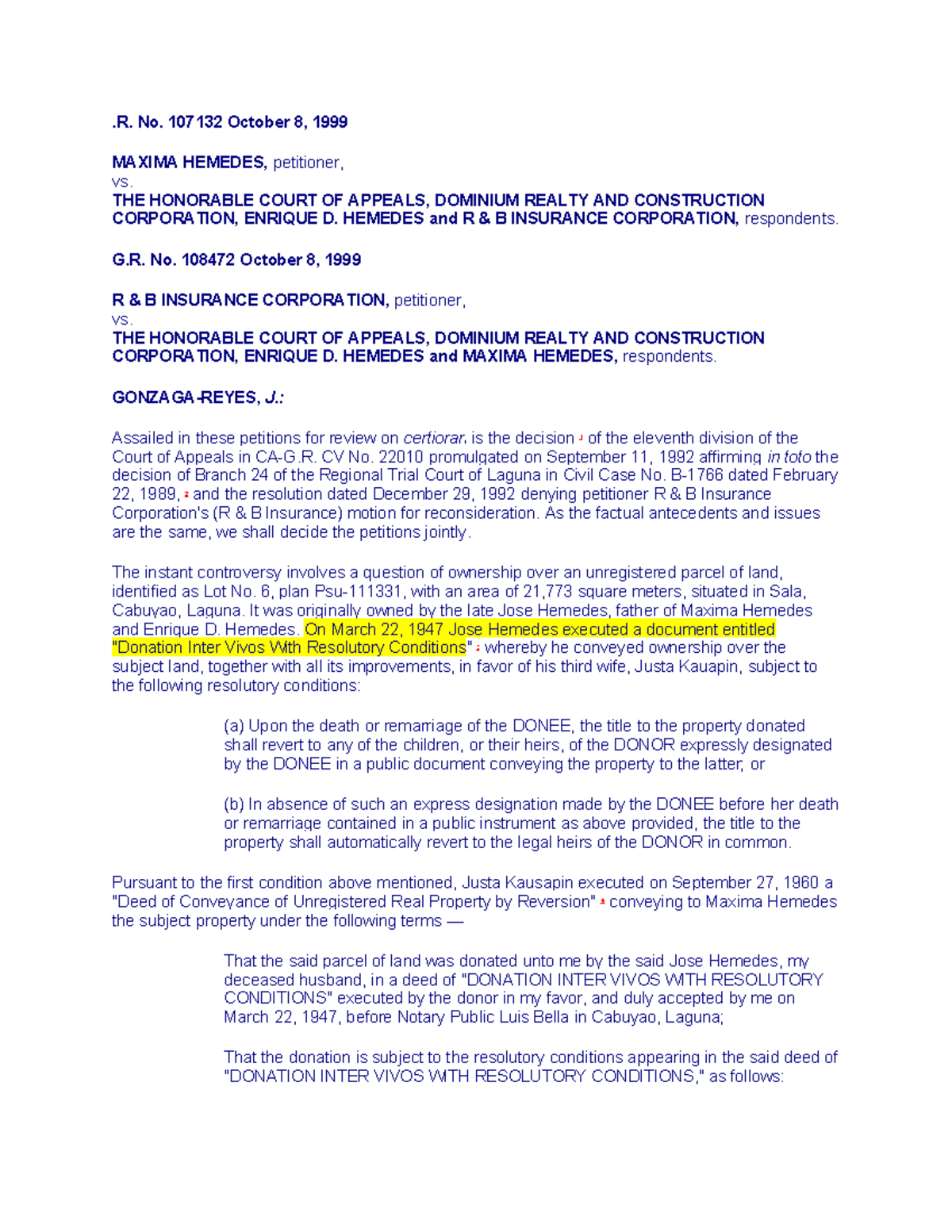 Hemedes vs. CA - .R. No. 107132 October 8, 1999 MAXIMA HEMEDES ...