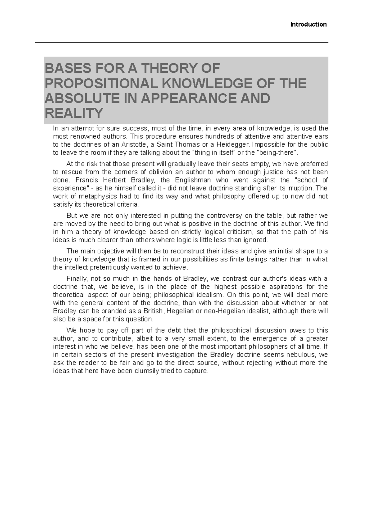 Bases FOR A Theory OF Propositional Knowledge OF THE Absolute IN ...