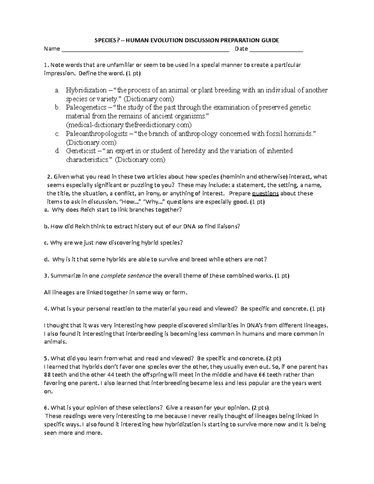 Species and Human Evolution Discussion Preparation Form - SPECIES ...