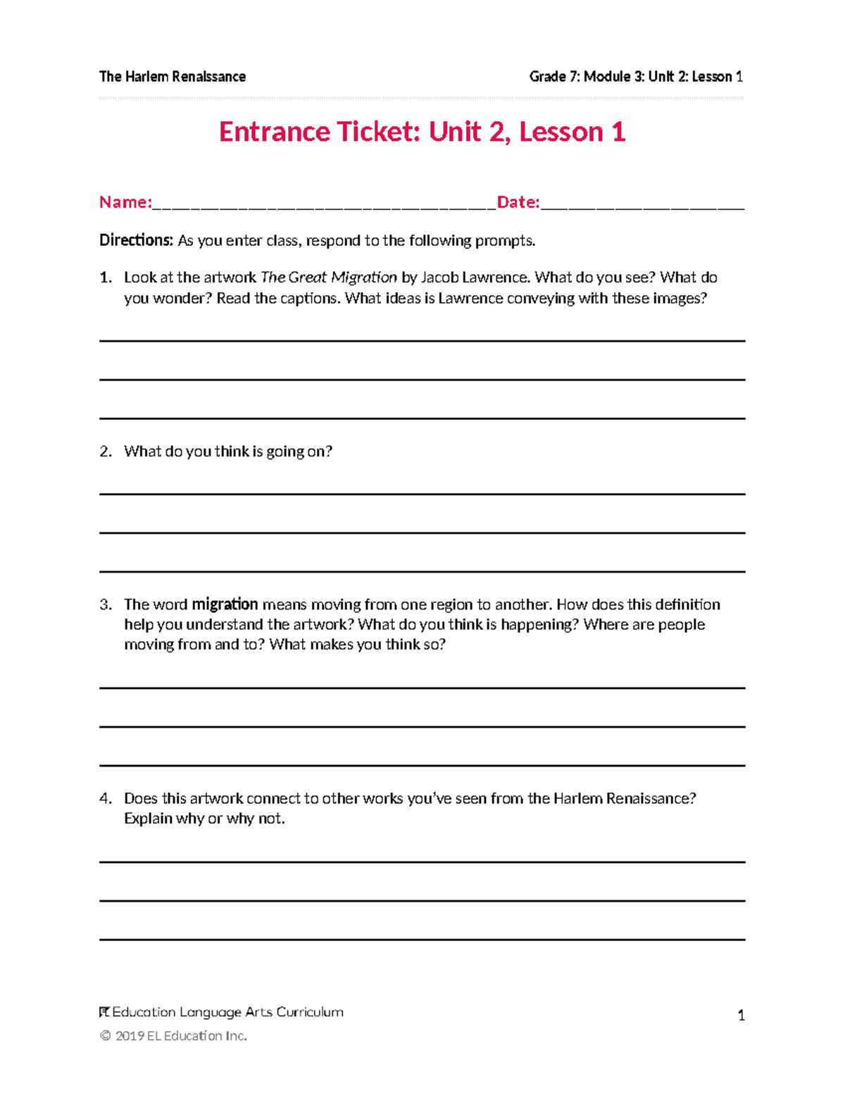 Copy of 67M3 Unit 2, Lesson 1, Entrance Ticket - The Harlem Renaissance ...
