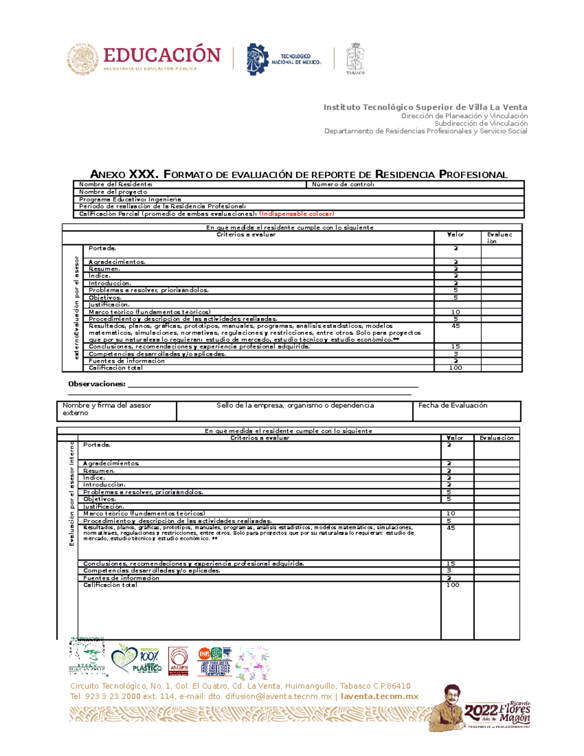 Anexo XXX. Formato DE Evaluación DE Reporte DE Residencia Profesional - ANEXO XXX. FORMATO DE ...