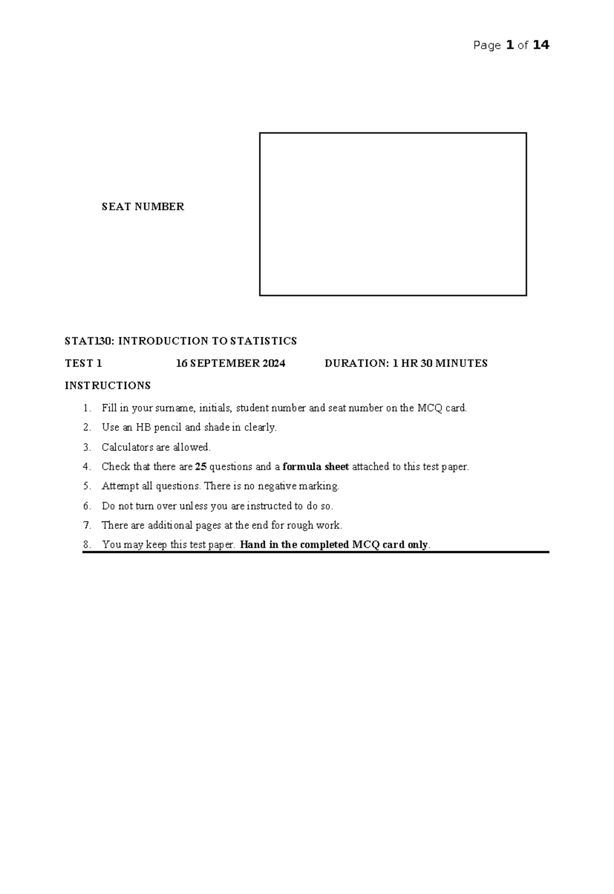 STA 130 S2 test 1 - TEST - SEAT NUMBER STAT130: INTRODUCTION TO ...