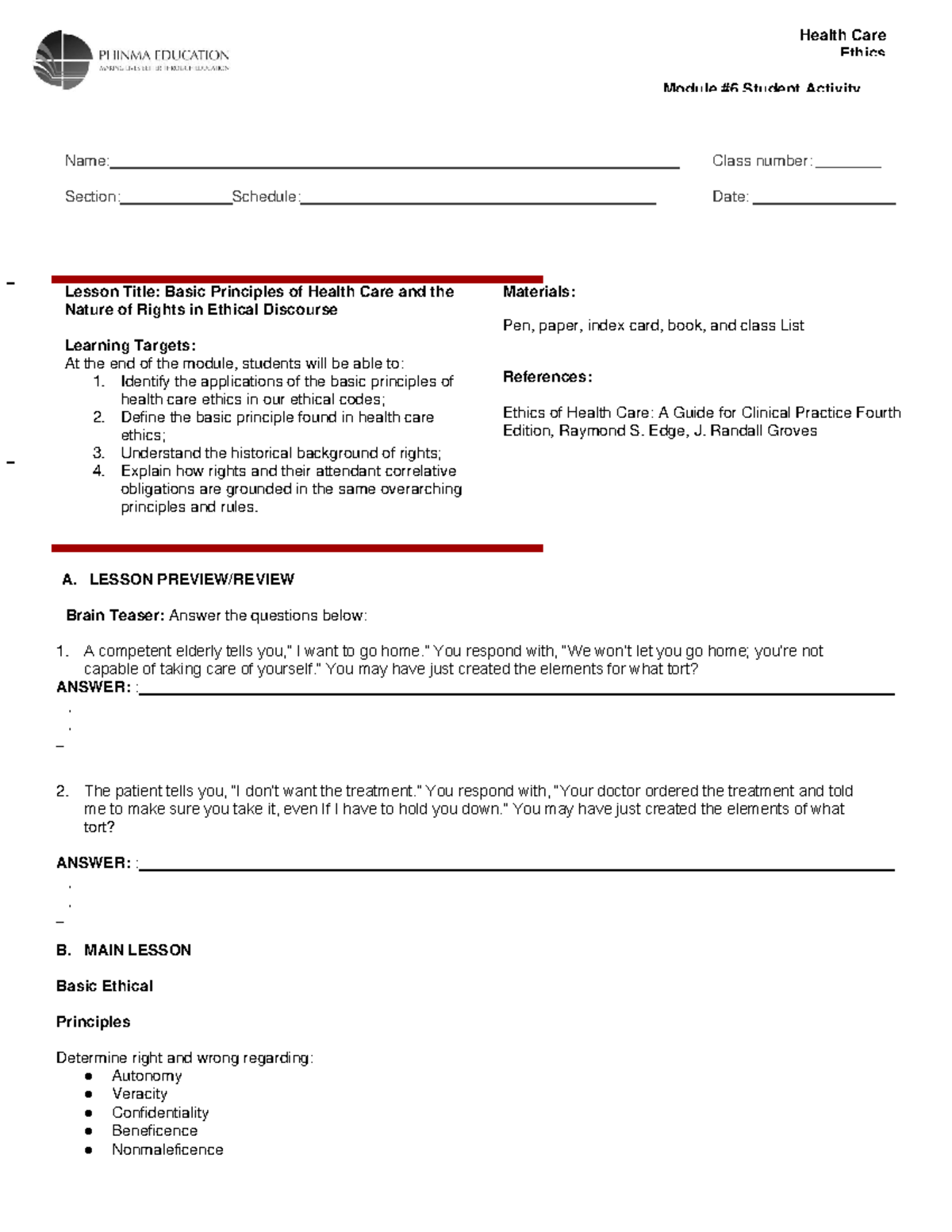 SAS 6 Bioethics - Ethics (Bioethics) Module #6 Student Activity Sheet ...