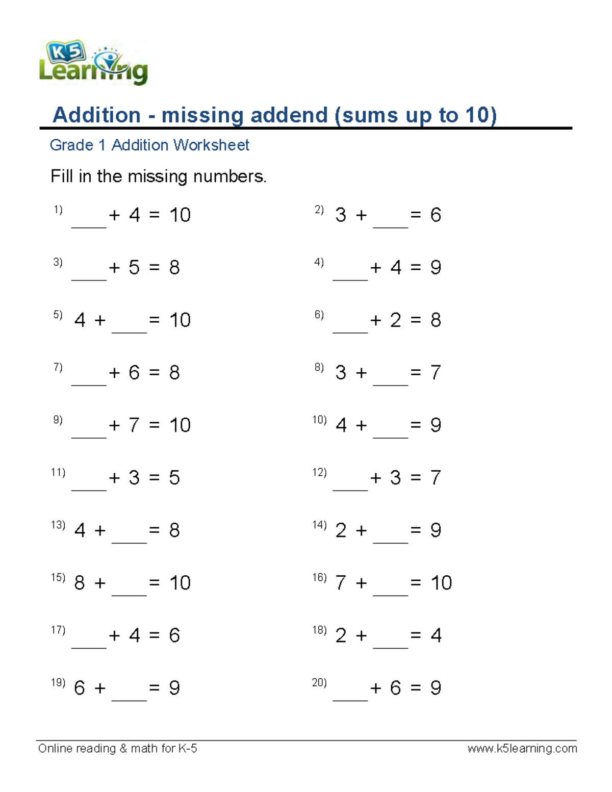 Grade 1 adding missing addend sum under 10 f - Online reading & math ...