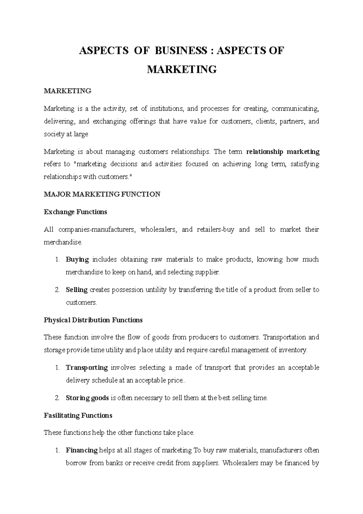 Summaries Aspects OF Business Aspects OF Marketing - ASPECTS OF ...