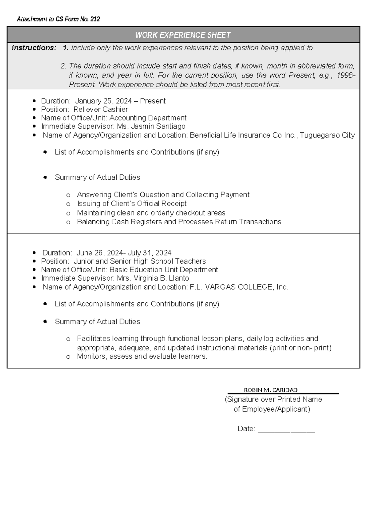 CS Form No. 212 Attachment - Work Experience Sheet - ROBIN M. CARIDAD ...