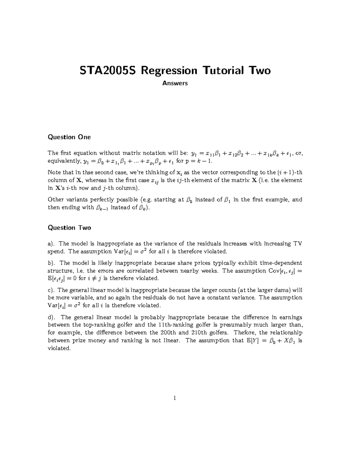 Tut Reg 2GLMSolutions - TUT 2 Solns - STA2005S Regression Tutorial Two ...