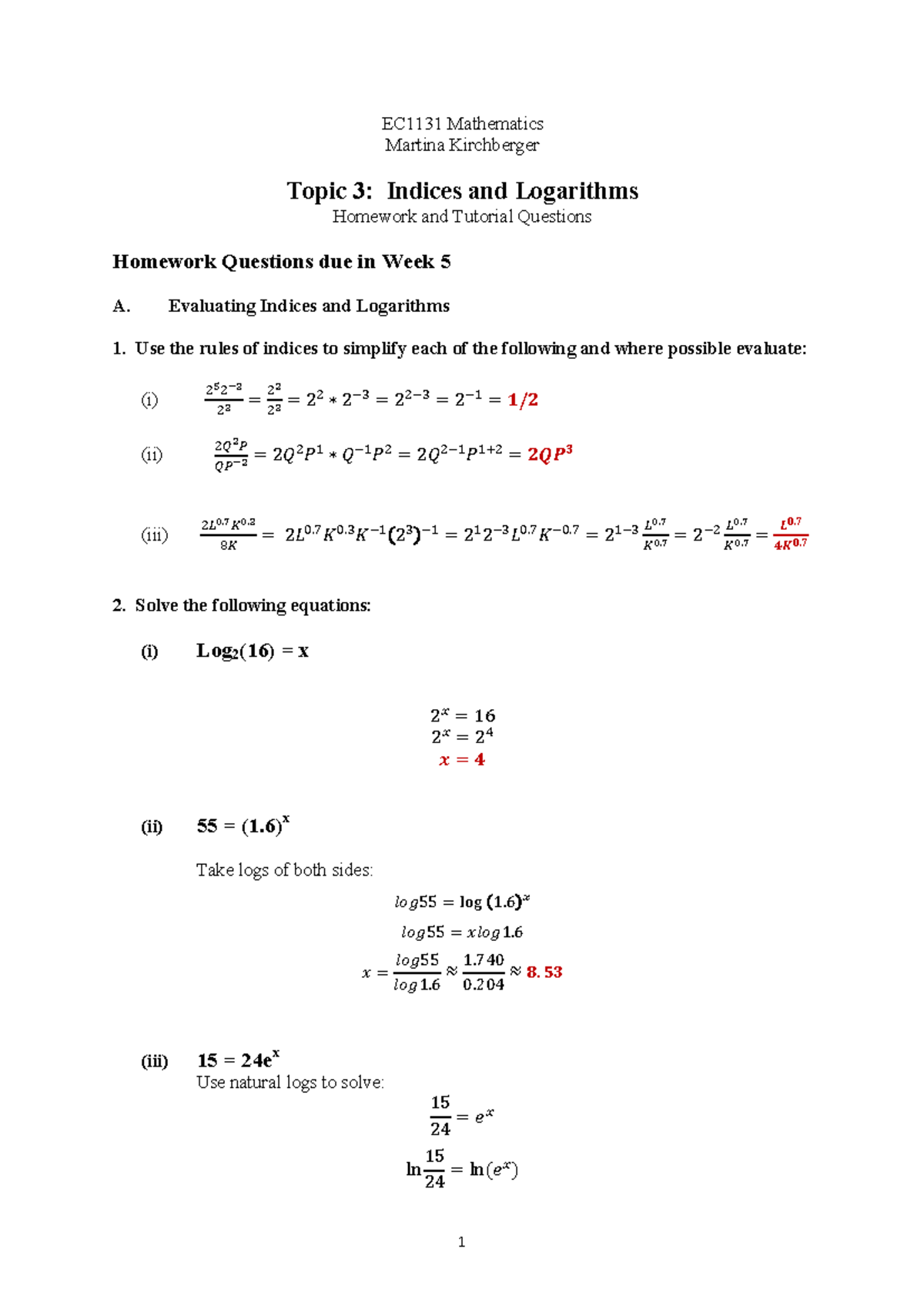 EC1131 2018-2019 Topic 3 Indices and Logarithms - Homework and Tutorial ...