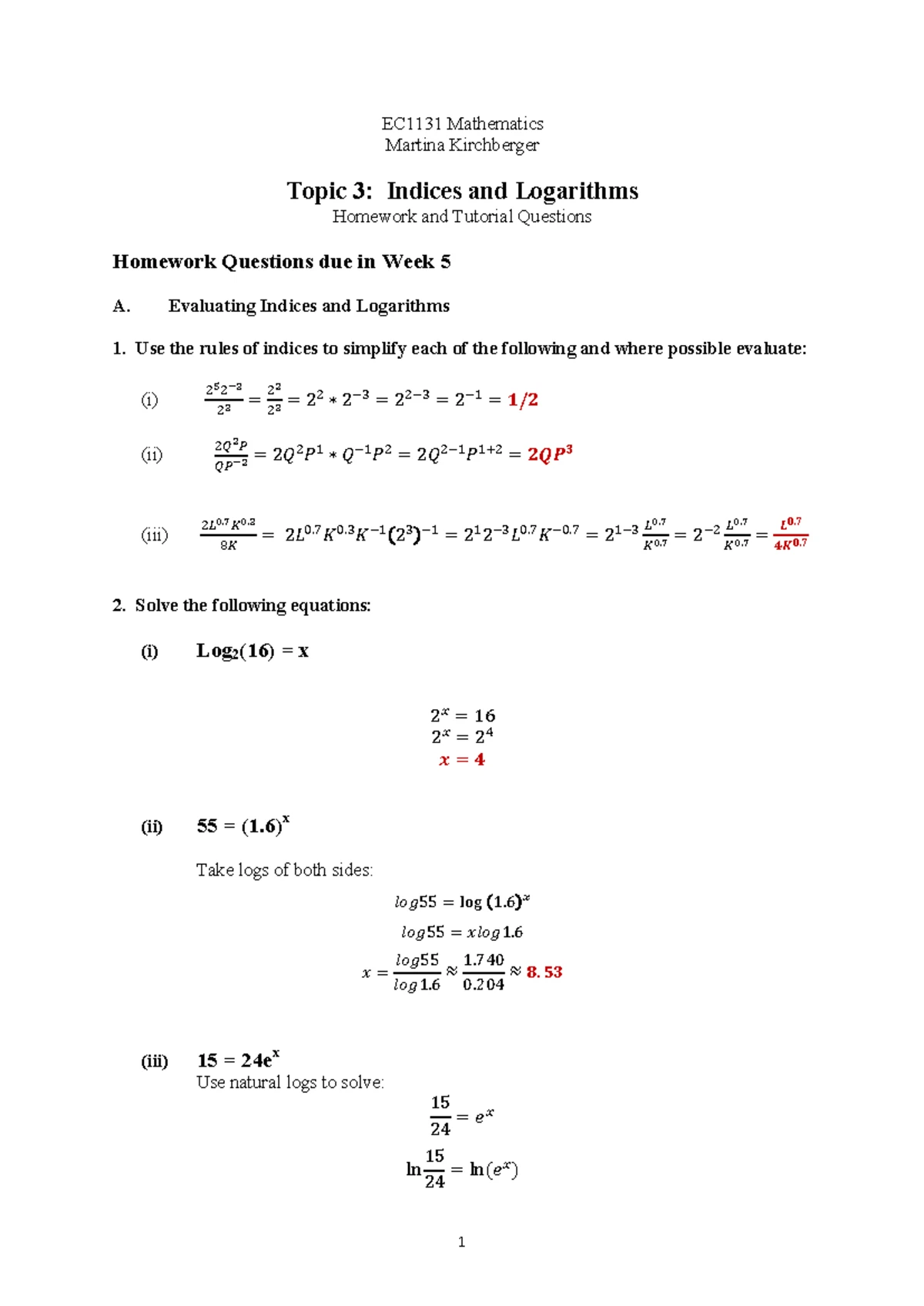 EC1131 2018-2019 Topic 3 Indices and Logarithms - Homework and Tutorial Questions Solutions ...