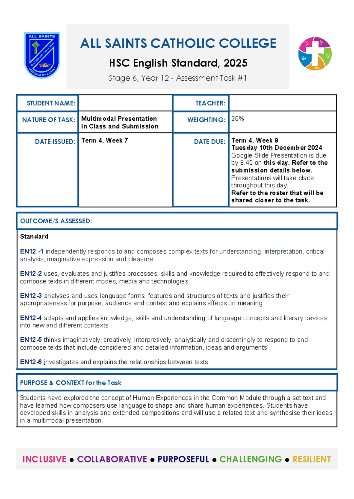 25 HSC Standard Task #1 notification) - ALL SAINTS CATHOLIC COLLEGE HSC ...