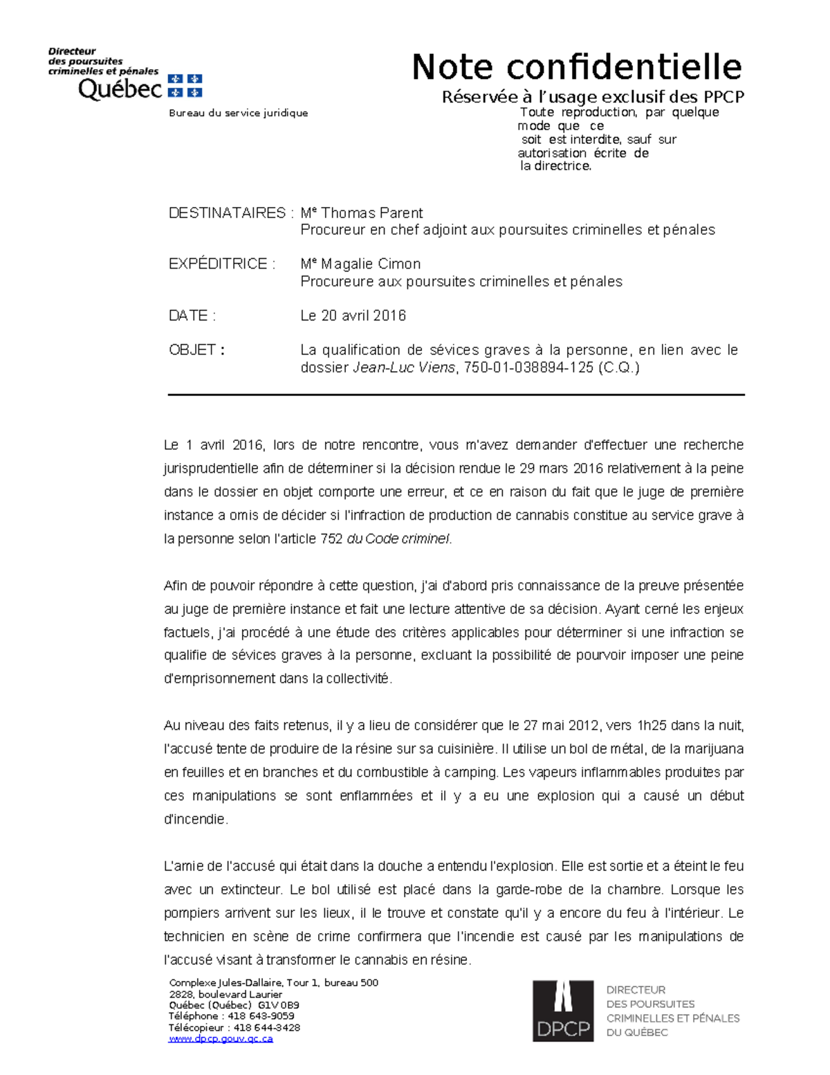 Avis judidique - Modèle - Note confidentielle Réservée à l’usage exclusif des PPCP Bureau du ...