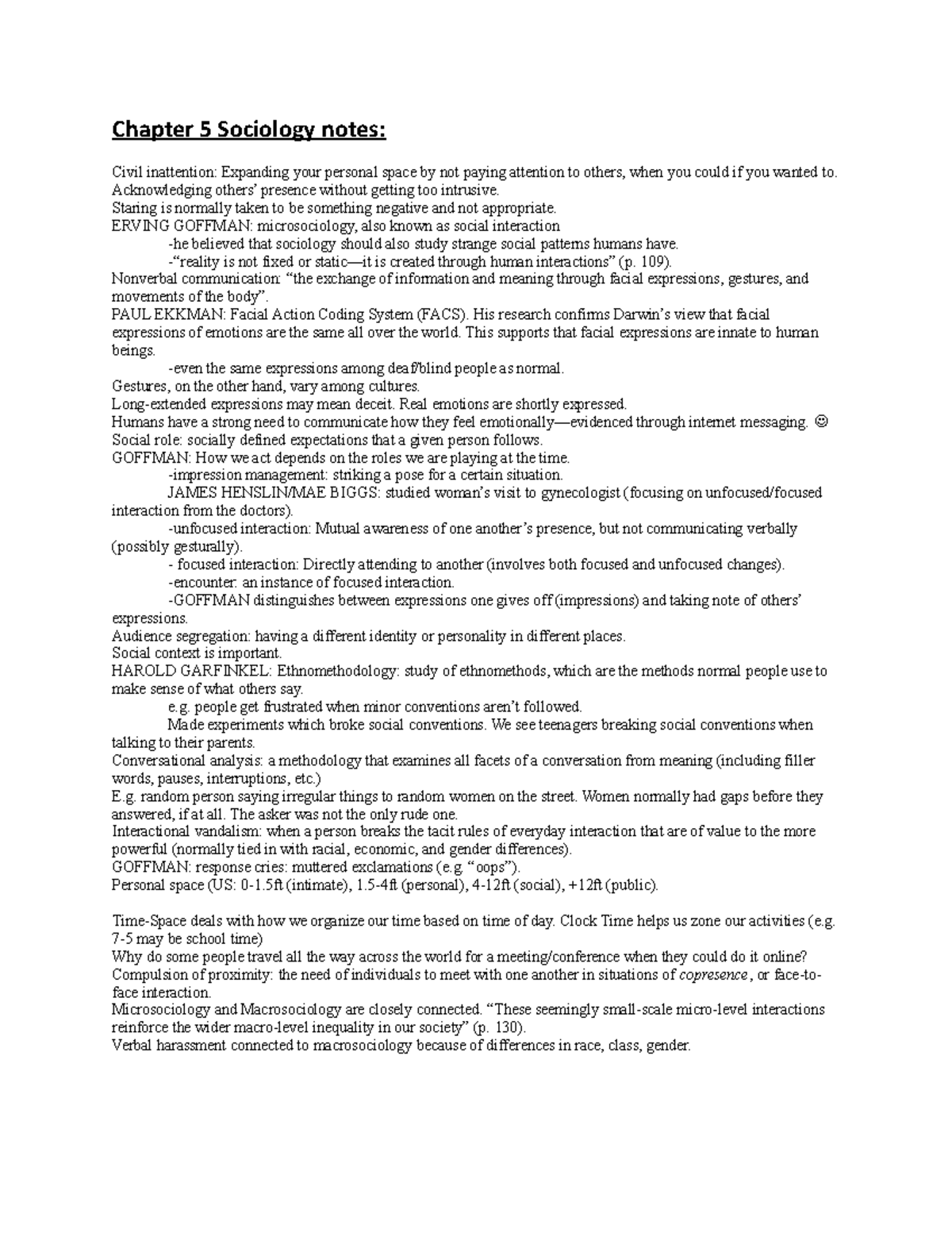 Sociology Chapter notes - Chapter 5 Sociology notes: Civil inattention ...