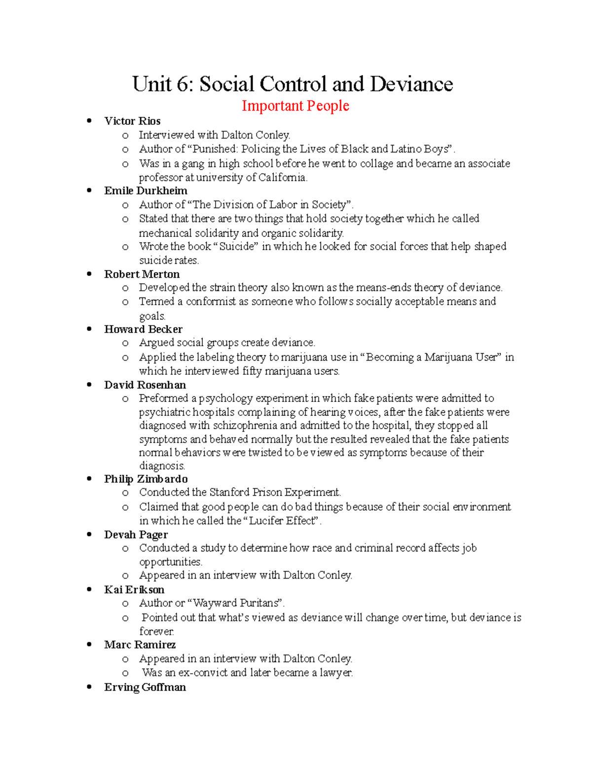 Unit 6 Notes - Unit 6: Social Control and Deviance Important People ...