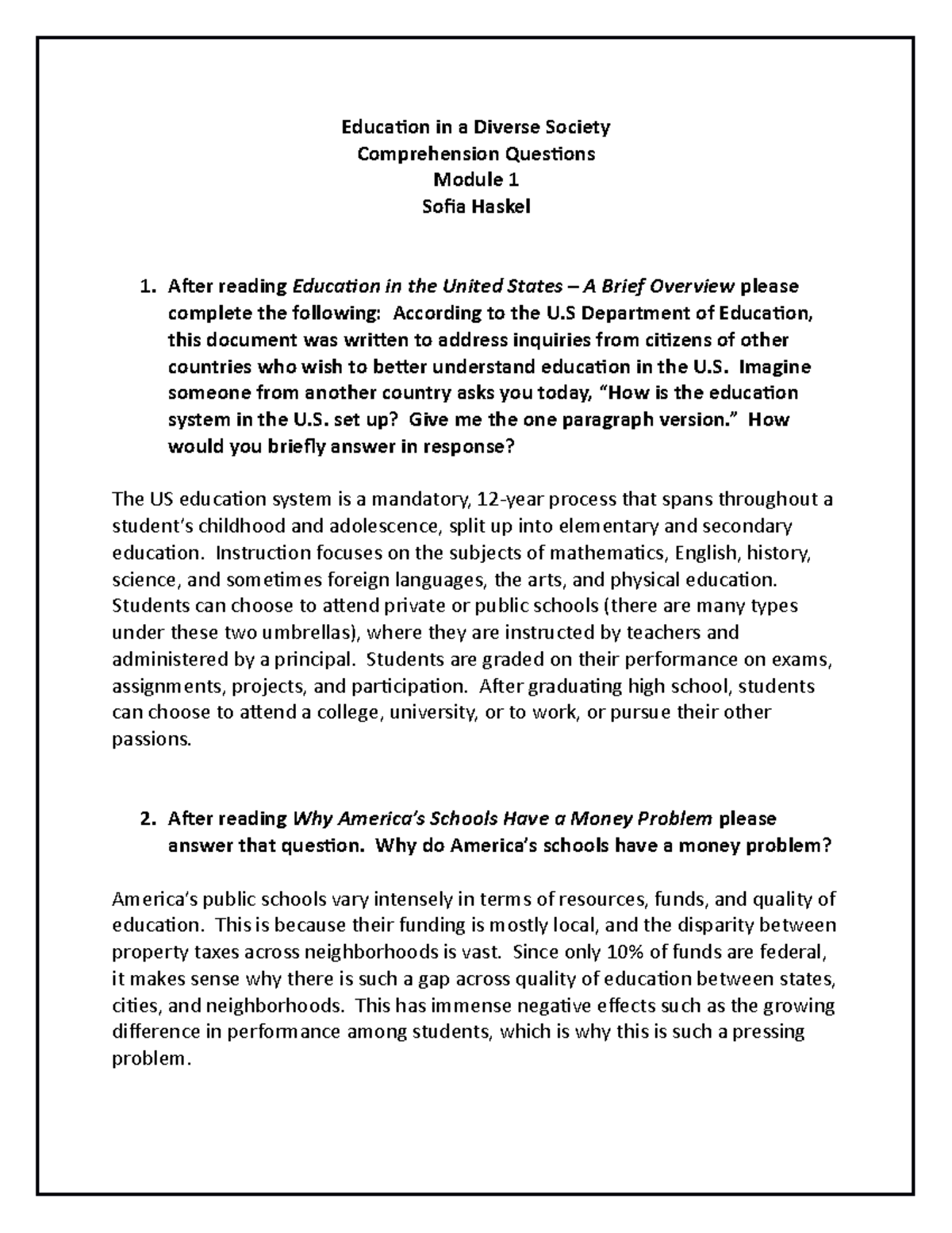 Module 1 Comprehension Questions - Education in a Diverse Society ...