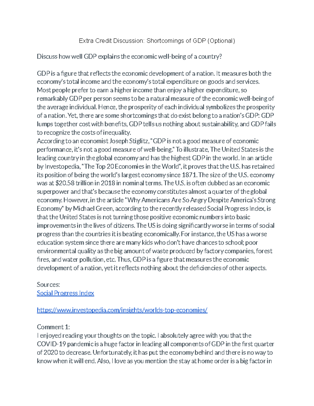 ECO 1A Discussion Shortcomings of GDP (Optional) - Extra Credit ...