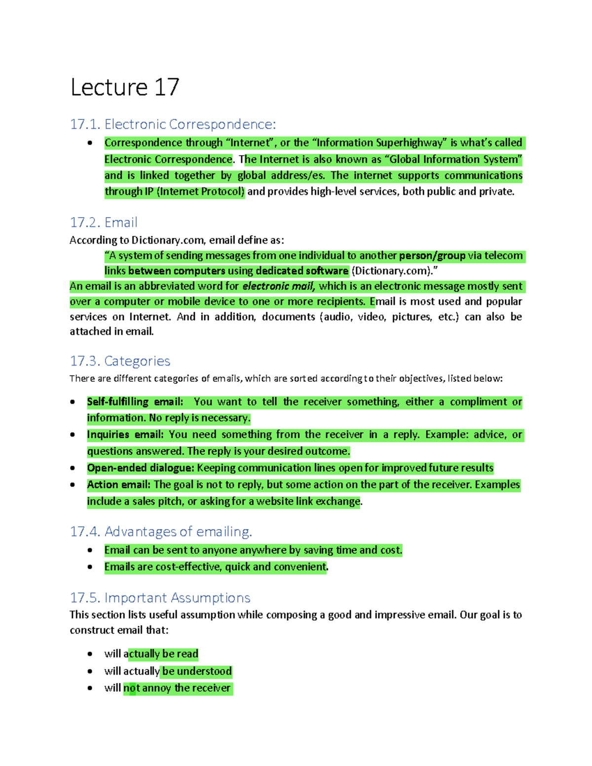HUM102 Handouts Lecture 17 - Lecture 17 17. Electronic Correspondence ...
