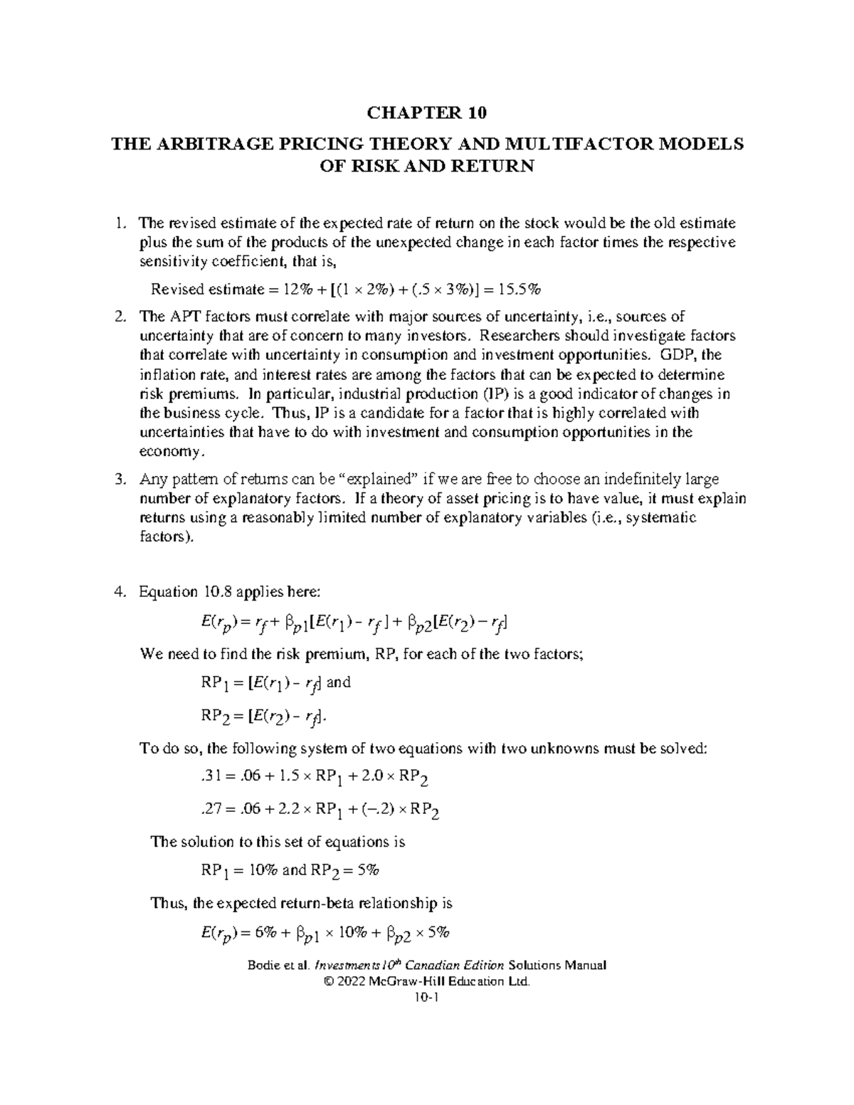Chapter 10 Solutions - note - Bodie et al. Investments th Canadian Edition Solutions Manual ...