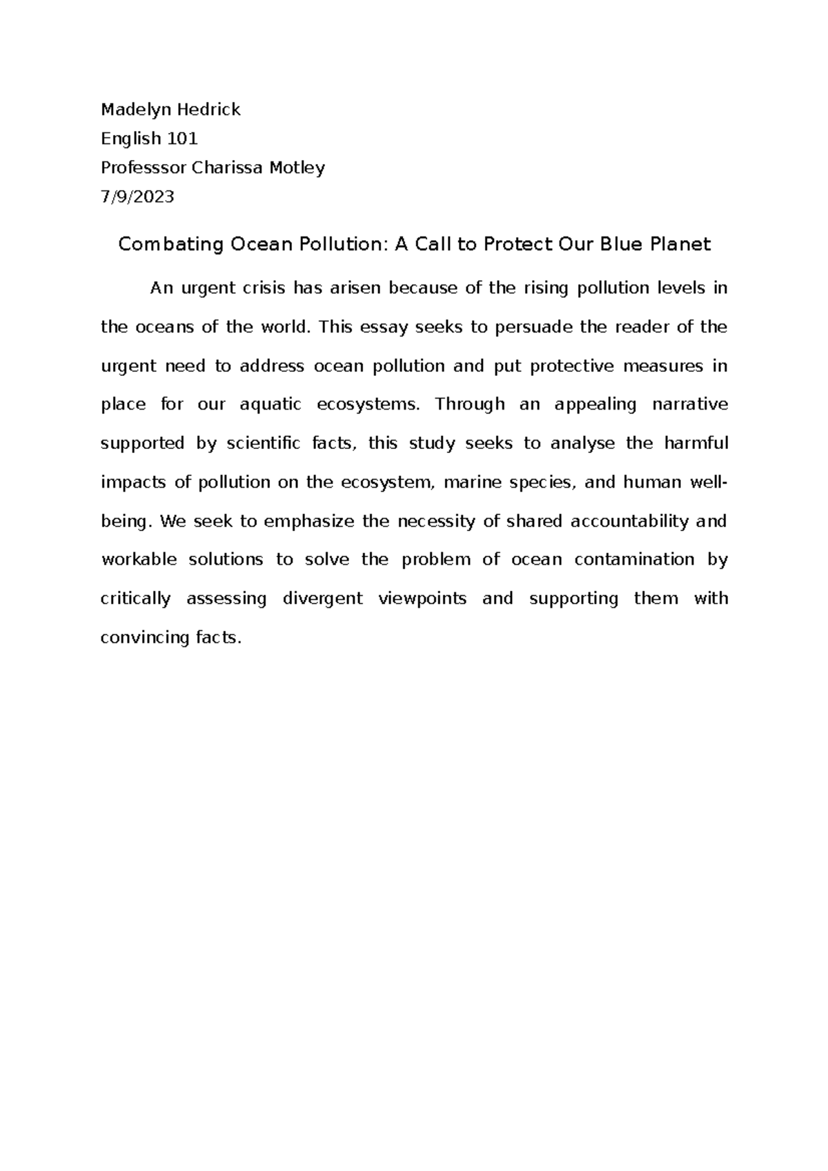 Combating Ocean Pollution (1) - ENGL 101 - MCC - Studocu