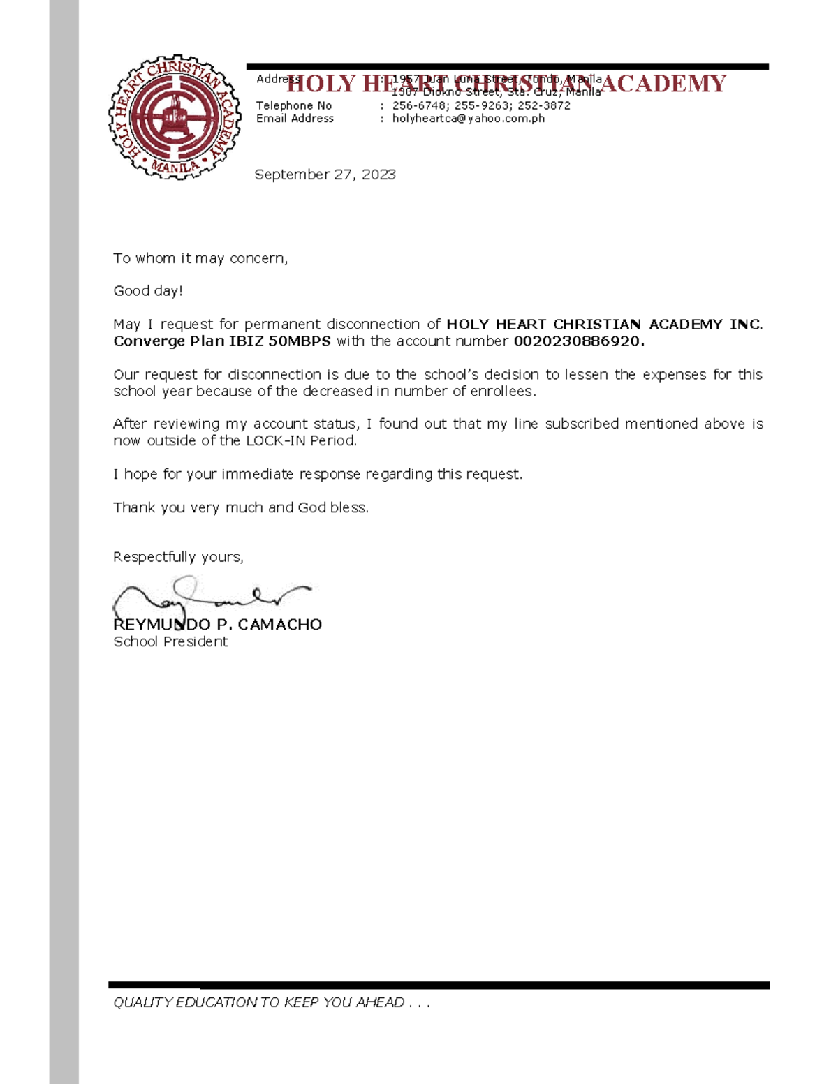 Letter OF Intent Converge - September 27, 2023 To whom it may concern ...