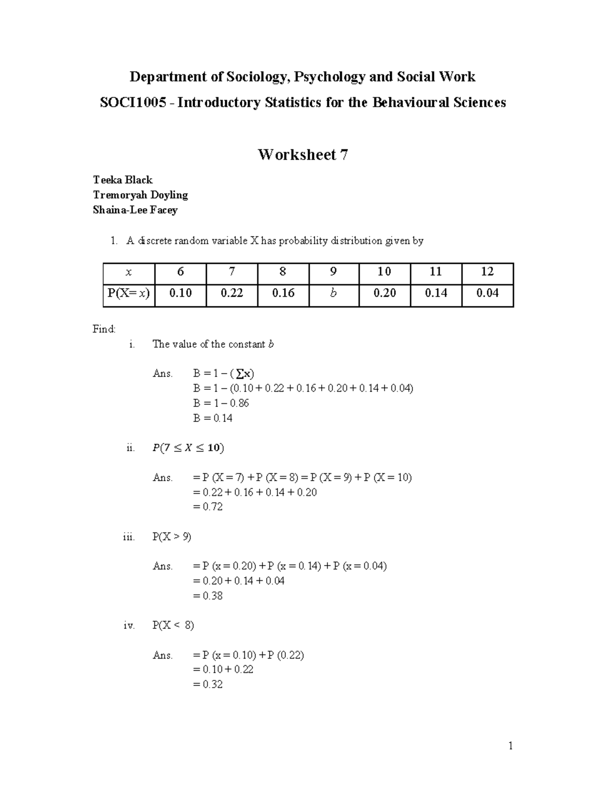 Worksheet Activity For Tutorial Week Seven - Introduction to Statistics ...