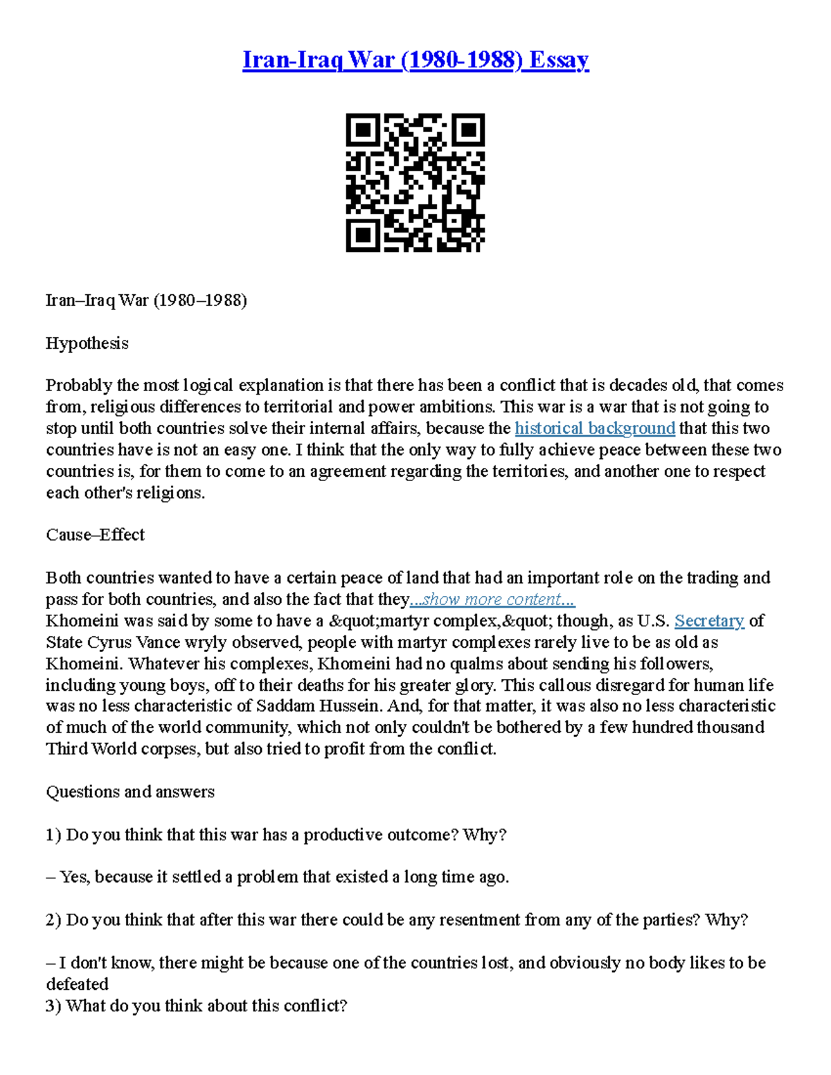 Iraq War Essay Iraq War Essay - Iran-Iraq War (1980-1988) Essay Iran ...