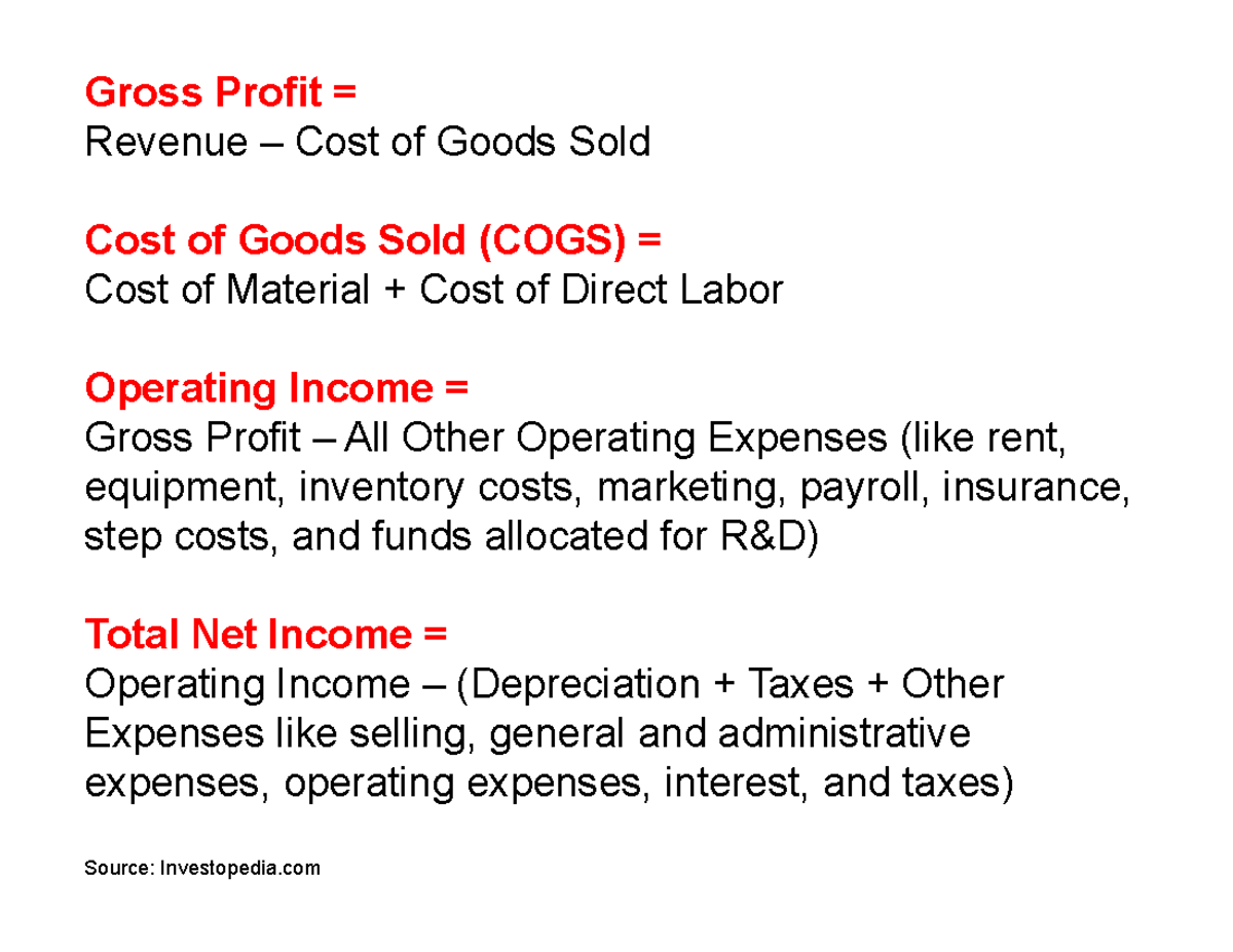 ACC Terms - Gross Profit = Revenue – Cost of Goods Sold Cost of Goods ...