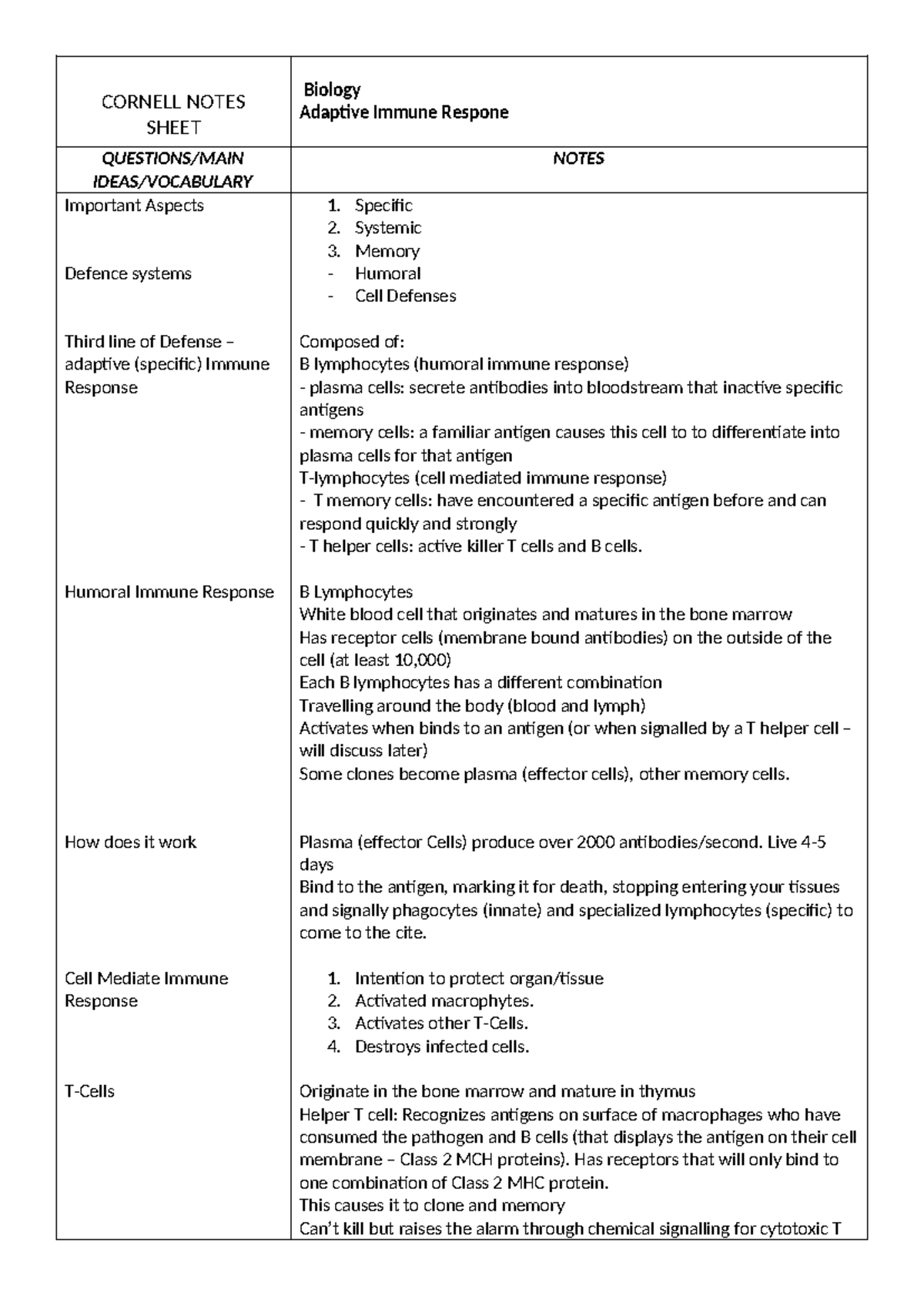 Adaptive Immune Response - CORNELL NOTES SHEET Biology Adaptive Immune ...