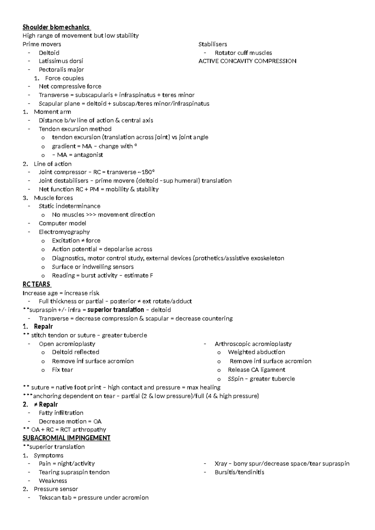 Anatomy cheat sheet - Summary of clinical lectures - Shoulder ...