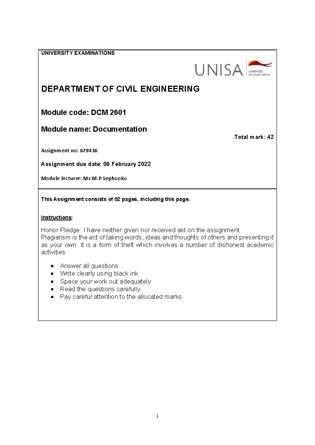 Documentation Assignment Civil engineering - 1 UNIVERSITY EXAMINATIONS ...