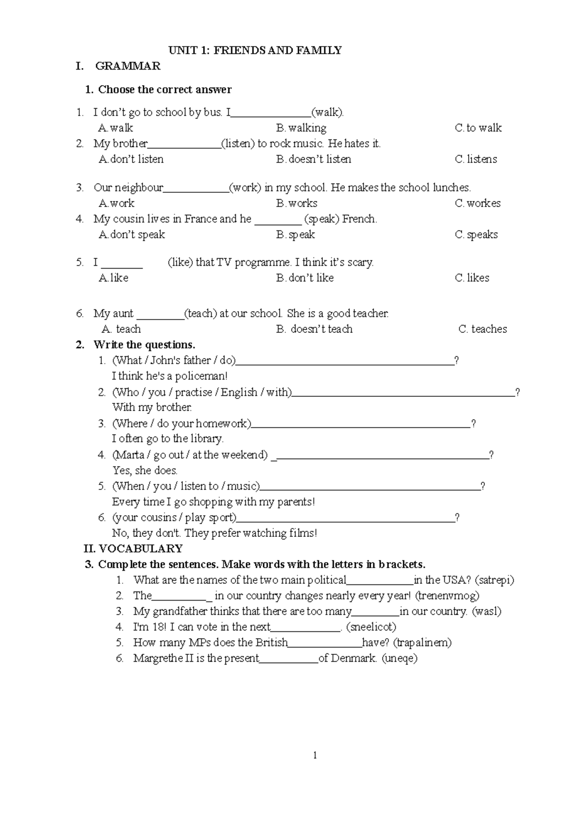 UNIT 1 - HW - Revision exercises on daily activities and the use of ...