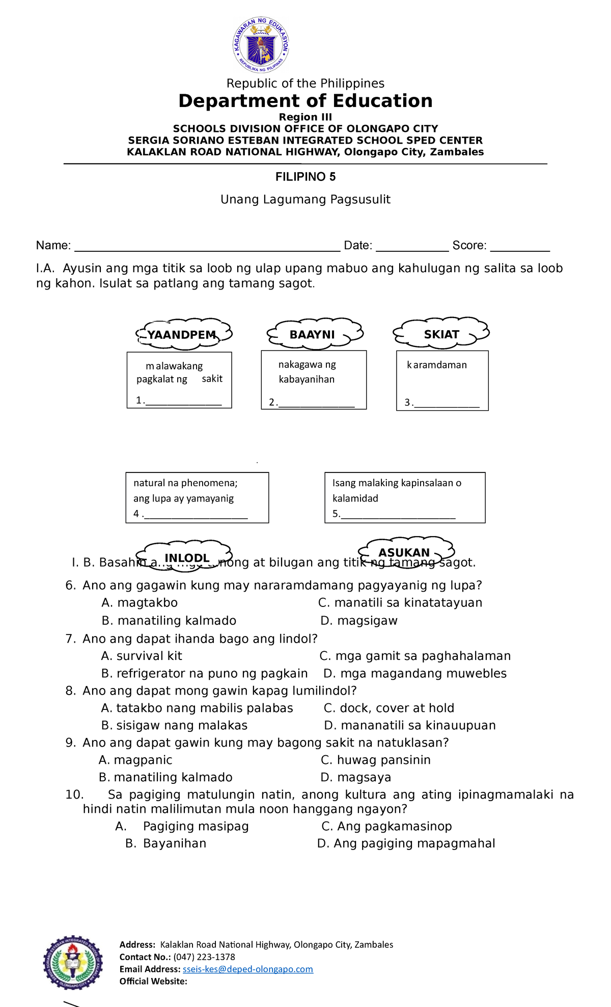 Filipino 5 1ST Summative TEST - Republic of the Philippines Department ...