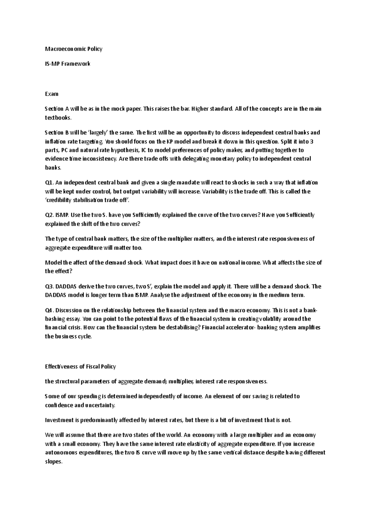 Macroeconomic Policy ISMP - Macroeconomic Policy IS-MP Framework Exam ...