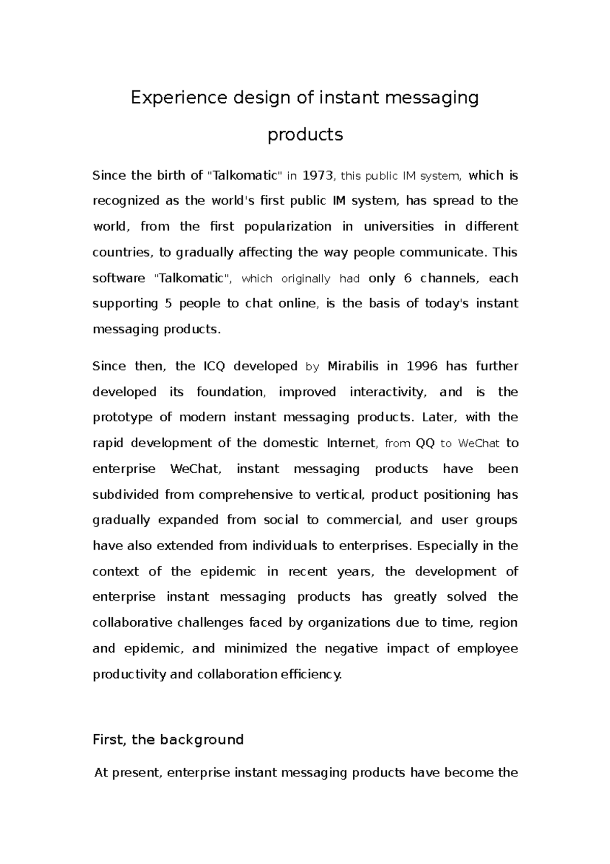 COMM 100 Talkomatic - Experience design of instant messaging products ...