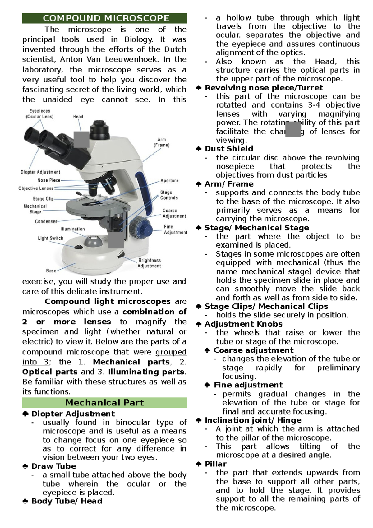 Zoology 101 - COMPOUND MICROSCOPE The microscope is one of the ...