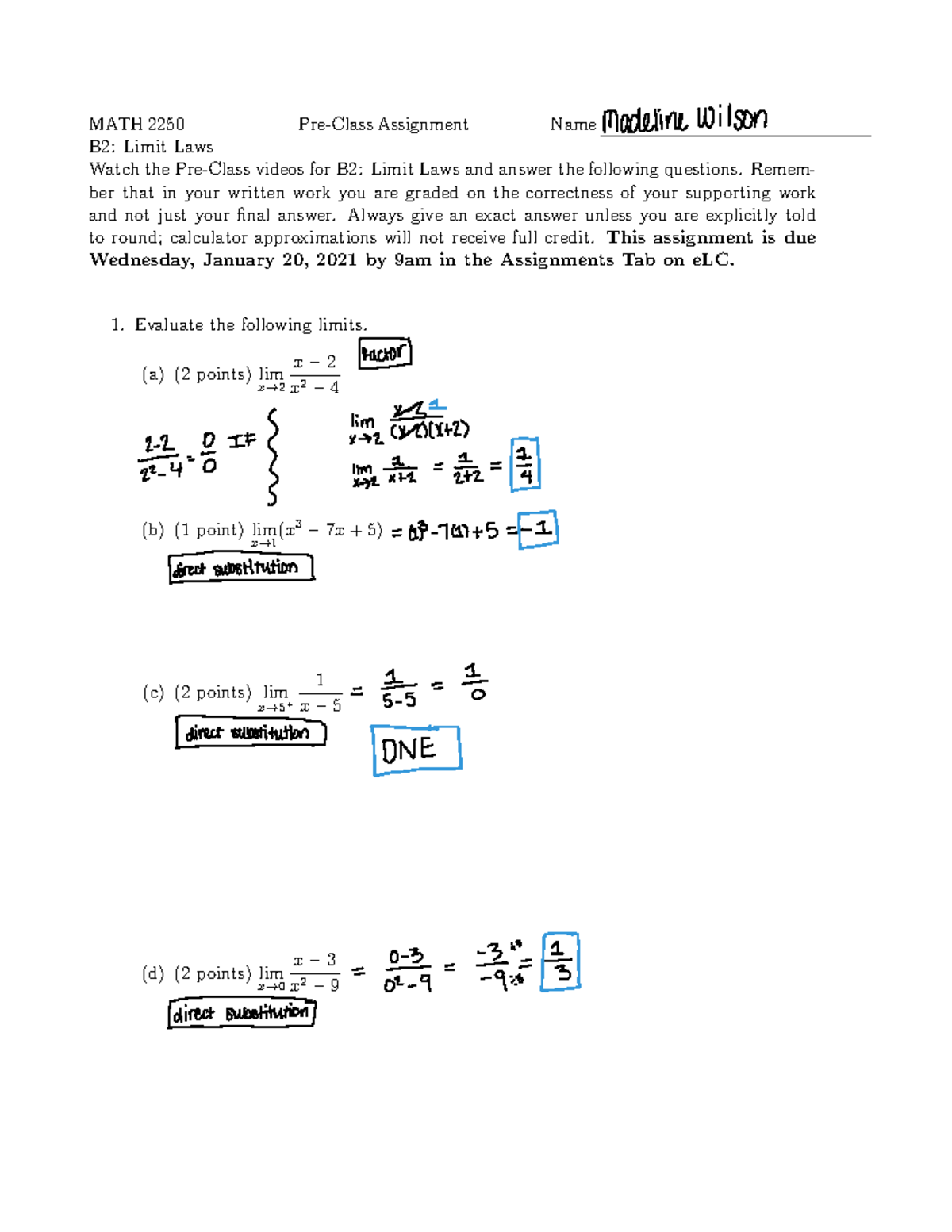 Madeline Wilson- B2 Pre-Class - MATH 2250 Pre-Class Assignment Name B2 ...