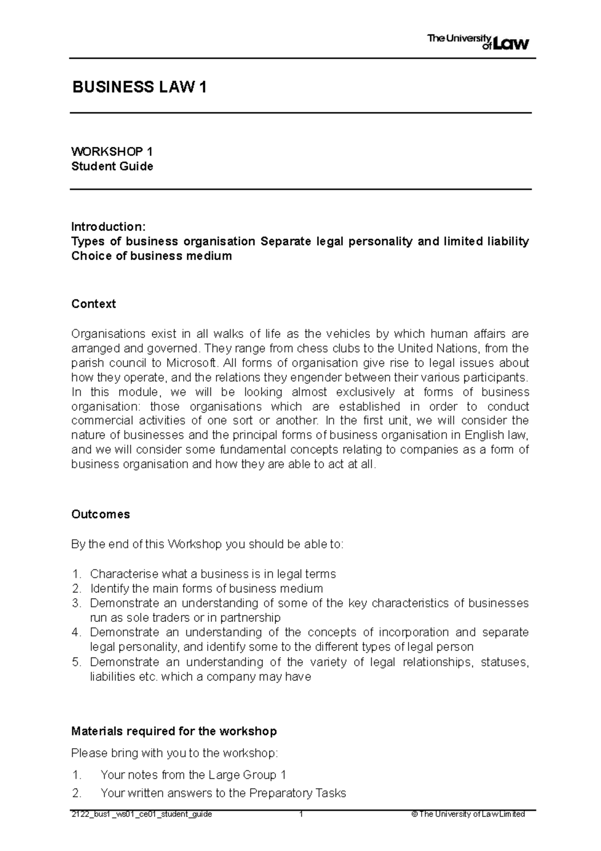 Business Law WS 1 Guide 2 - BUSINESS LAW 1 WORKSHOP 1 Student Guide ...